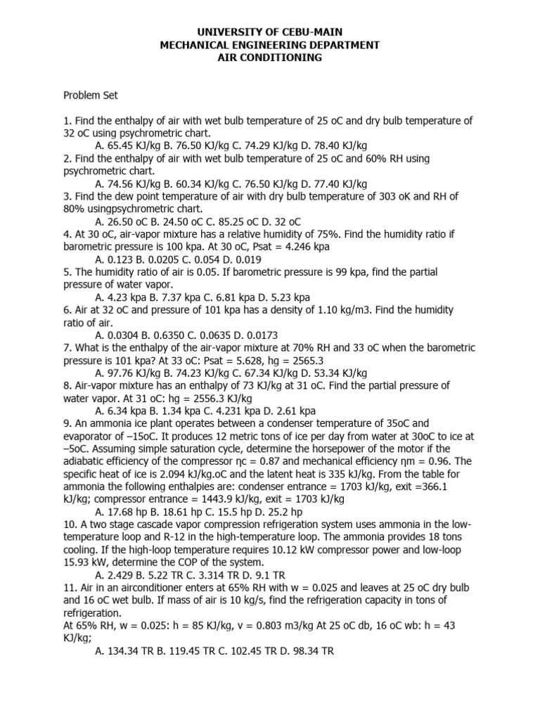 Air Conditioning Problem Set | PDF | Humidity | Continuum Mechanics