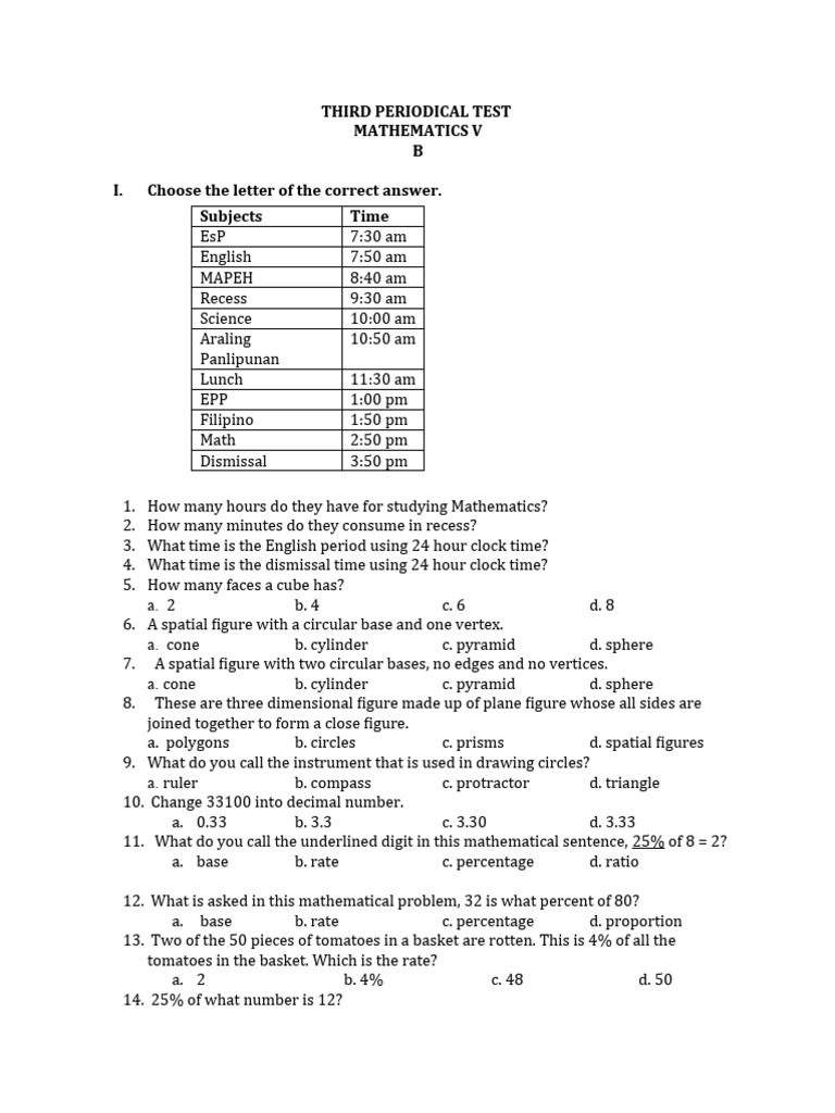 Mathematics V Periodical Test Questions | PDF | Polygon | Shape