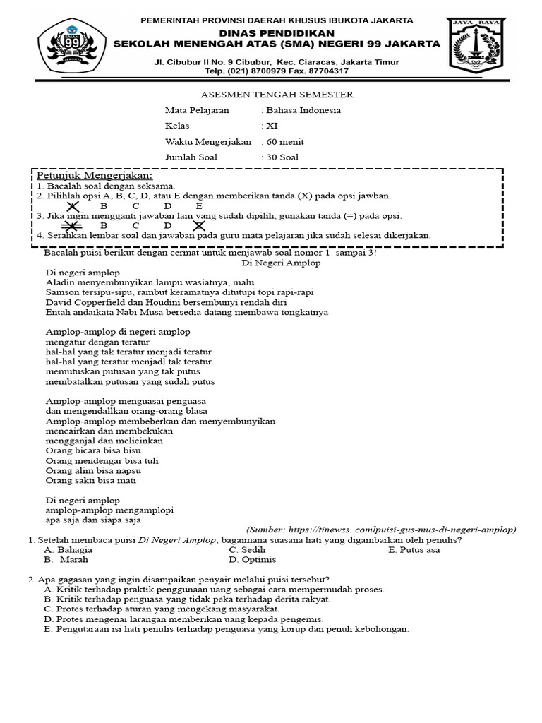 (Soal) Ats Genap Bahasa Indonesia Kelas Xi | PDF | Puisi