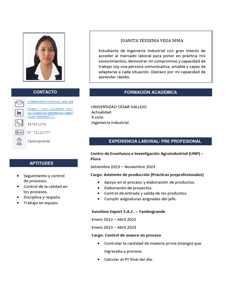 CV - Vega Nima Juanita Yessenia | PDF | Ingeniería | Informática