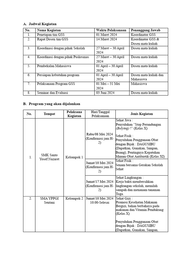 Jadwal Kegiatan Program GSS 2024 | PDF