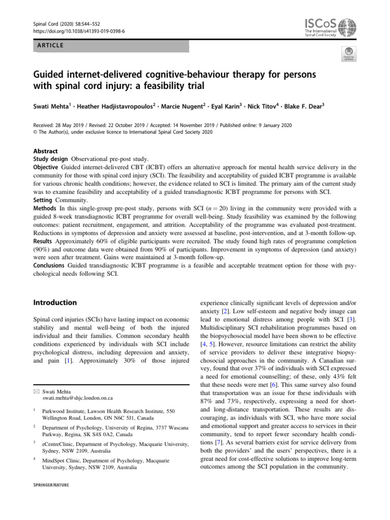 Guided Internet-Delivered Cognitive-Behaviour Therapy For Persons With Spinal Cord Injury: A ...