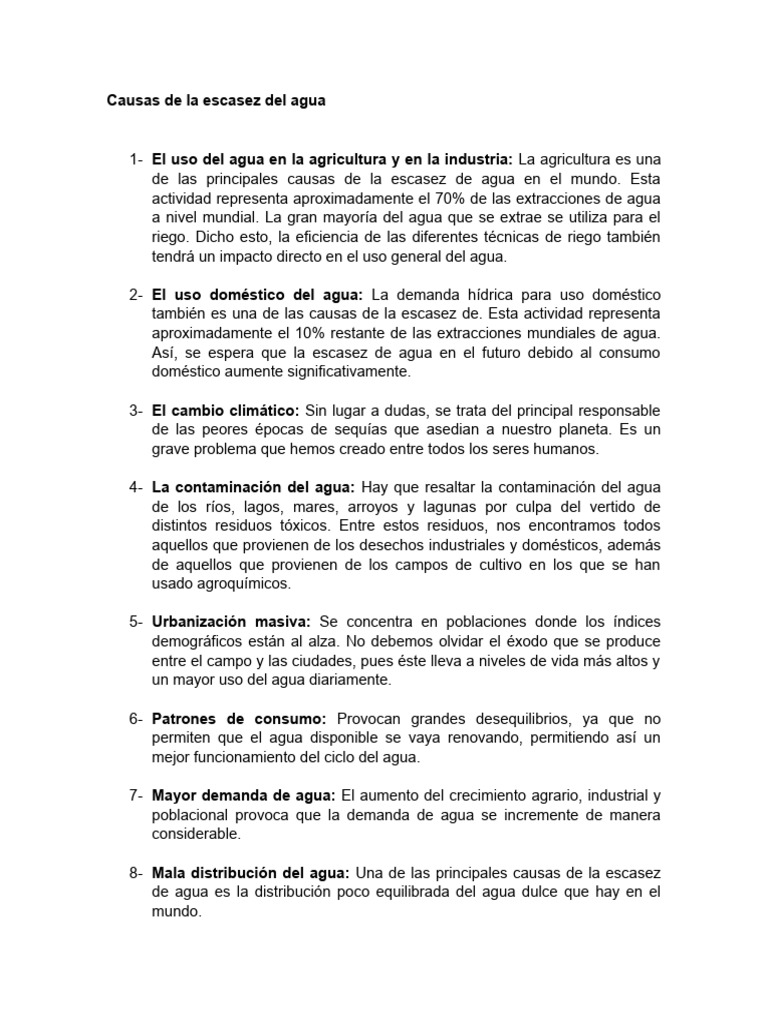 Parte1:causas y Soluciones de La Escasez Del Agua | PDF | Agua | La ...