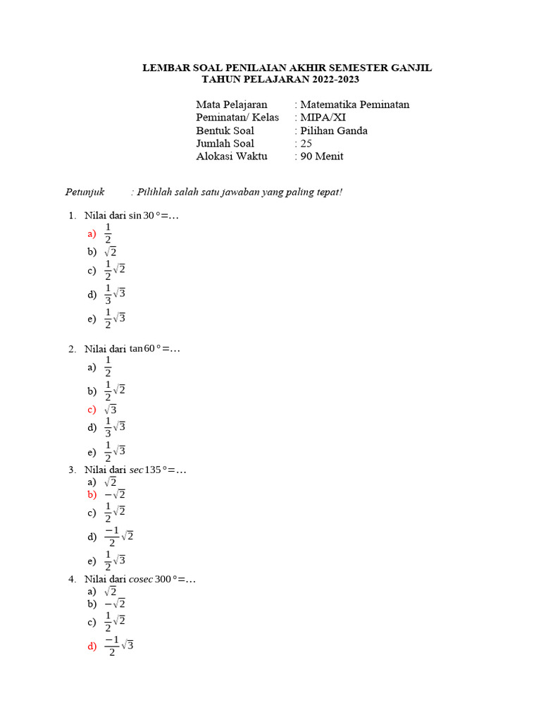 Soal Latihan Matematika Peminatan Xi | PDF