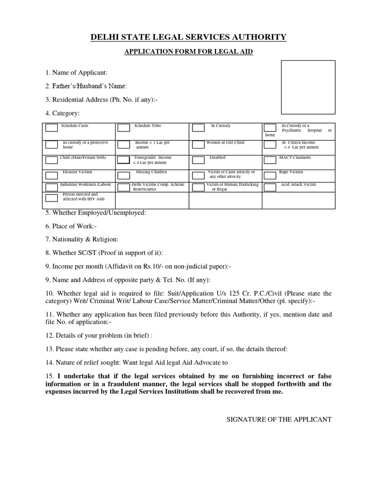 DLSA Legal Aid Application Form | PDF