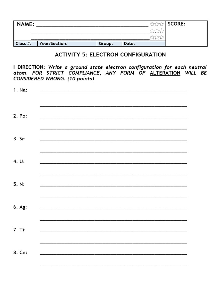 Electron Configuration Activity Worksheet | PDF | Electron ...