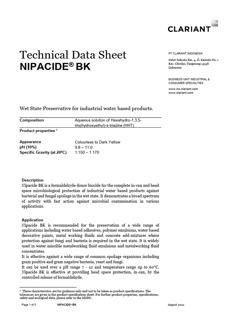 TDS Nipacide BK English | Download Free PDF | Water | Regulatory Compliance