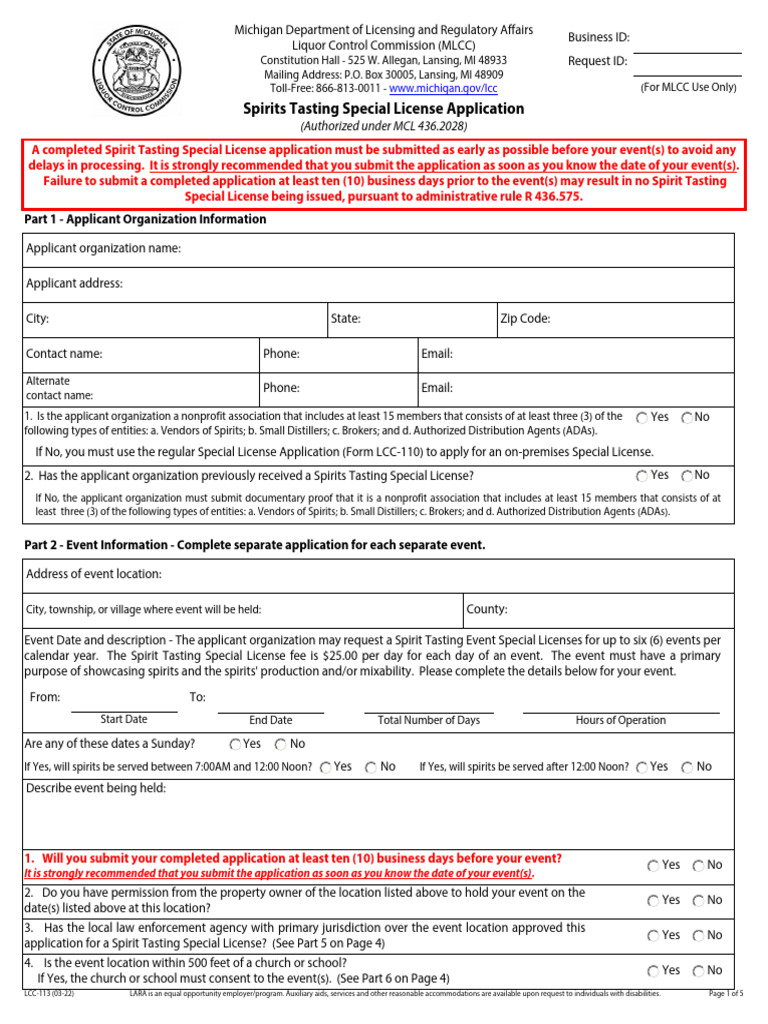 Michigan Spirits Tasting License Application | PDF | Credit Card | License