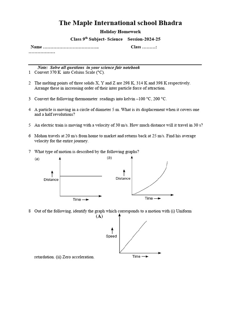 Class 9th Holiday Homework Worksheet Science | PDF | Speed | Acceleration