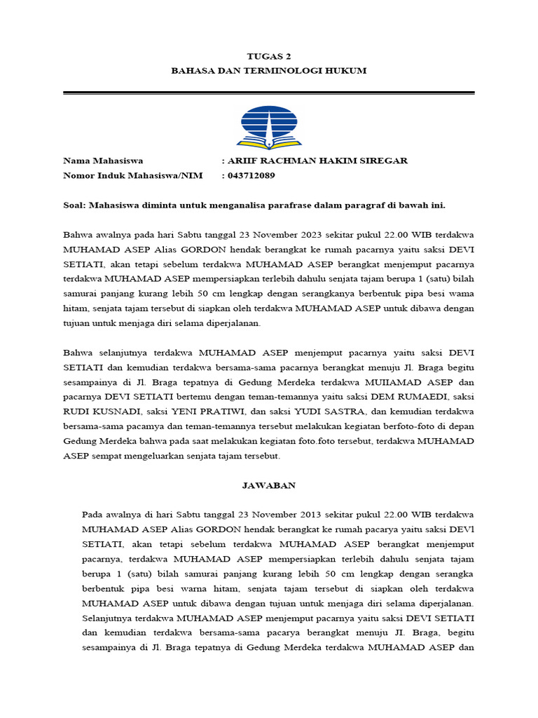 Tugas 2 Bahasa Dan Terminologi Hukum | PDF | Fiksi Misteri, Thriller, & Kejahatan