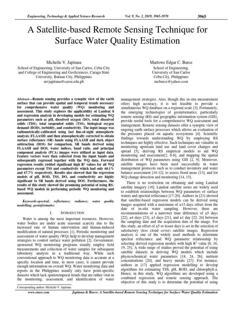 Satellite Based Remote Sensing For Surface Water Quality | PDF ...
