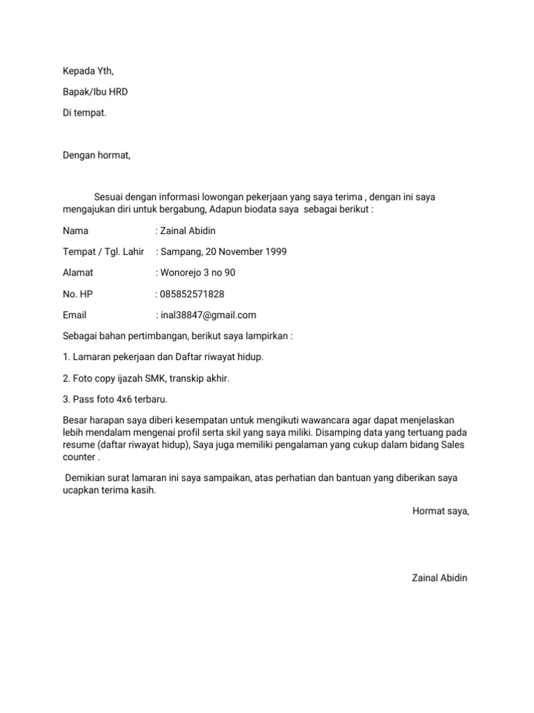 Contoh Surat Lamaran Pekerjaan Simpel | PDF