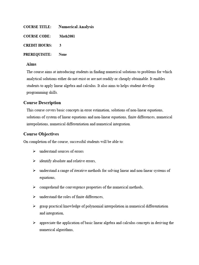 Numerical Analysis Revised Courseoutline | PDF | Numerical Analysis | Equations