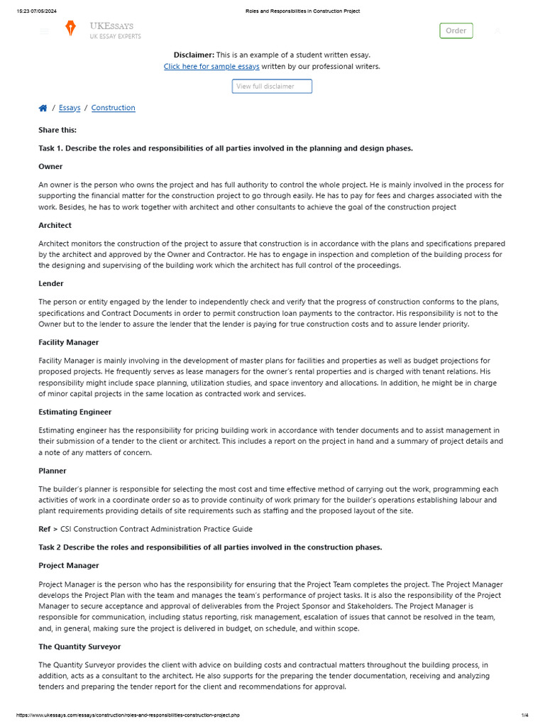 Roles and Responsibilities in Construction Project | PDF | Architect ...