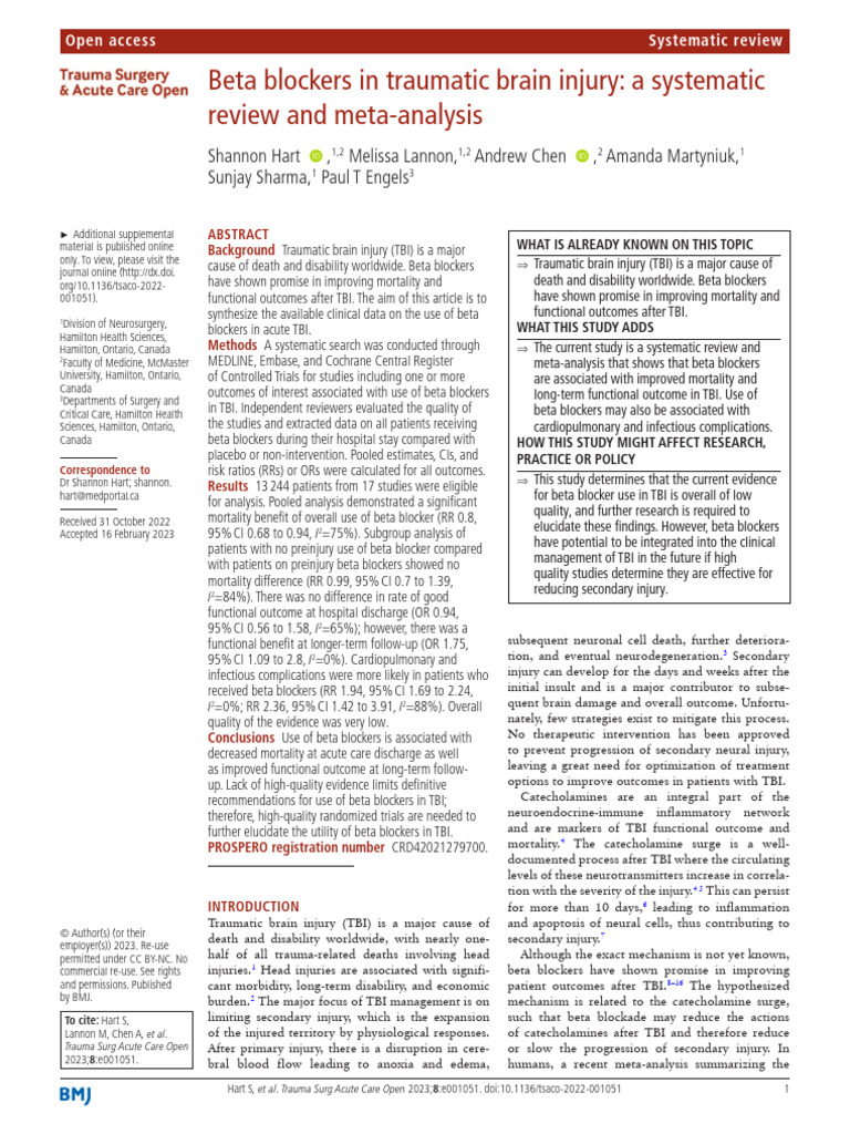 Beta Blockers in Traumatic Brain Injury | PDF | Traumatic Brain Injury ...