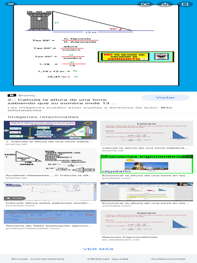Calcula La Altura de Una Torre Sabiendo Que Su Sombra Mide 13 M Cuando ...