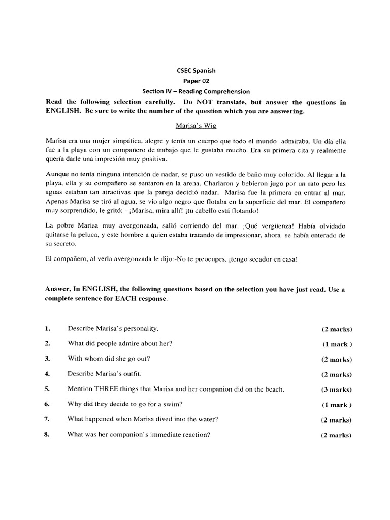 CSEC June2011 Spanish Paper2 SectionIV ReadingComprehension - Ex | PDF ...