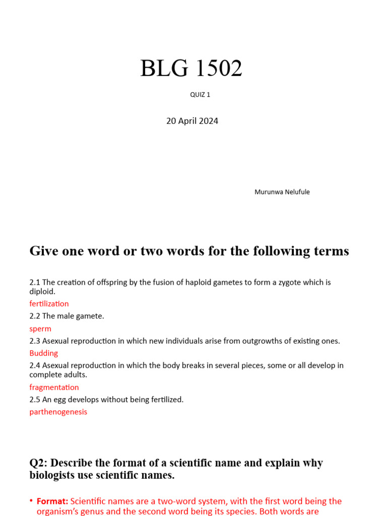 BLG 1502 Quiz | PDF | Moss | Sexual Reproduction