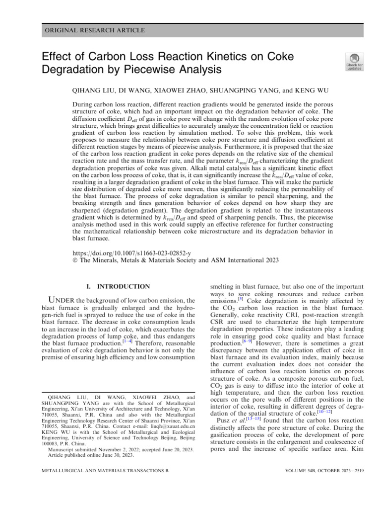 Effect of Carbon Loss Reaction Kinetics On Coke Degradation by ...