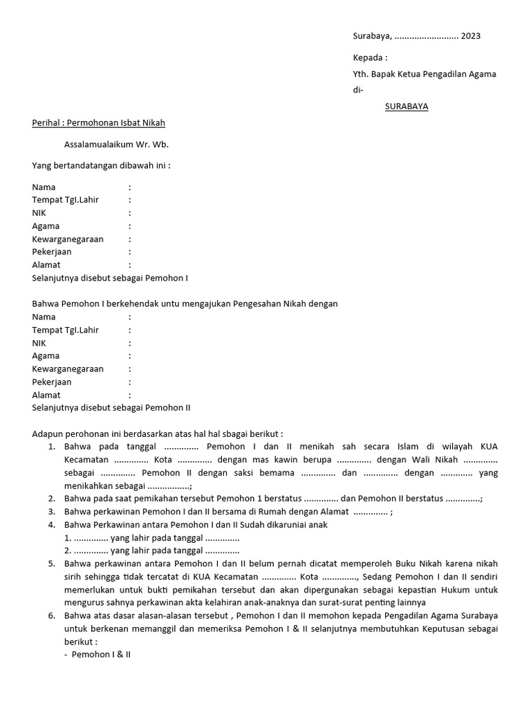 Surat Permohoan Isbat Nikah | PDF