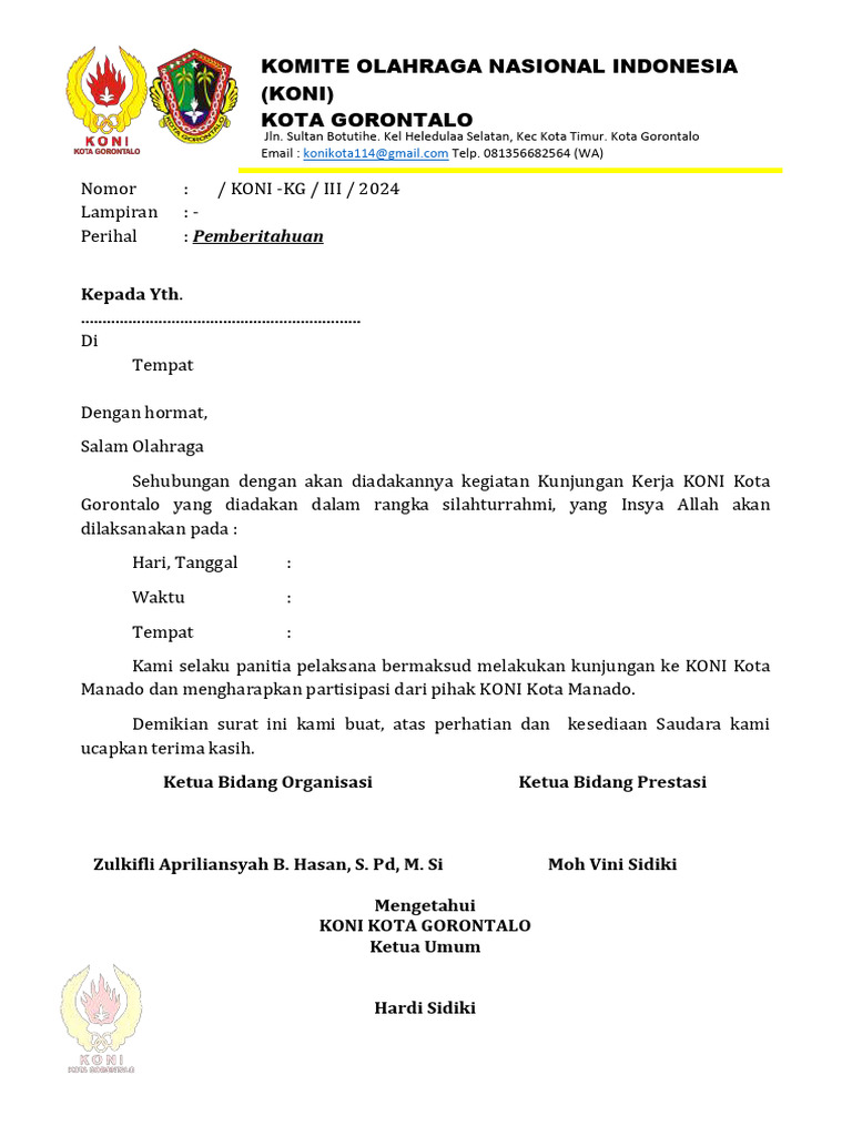 Surat Pemberitahuan Kunjungan Kerja Koni Kota | PDF