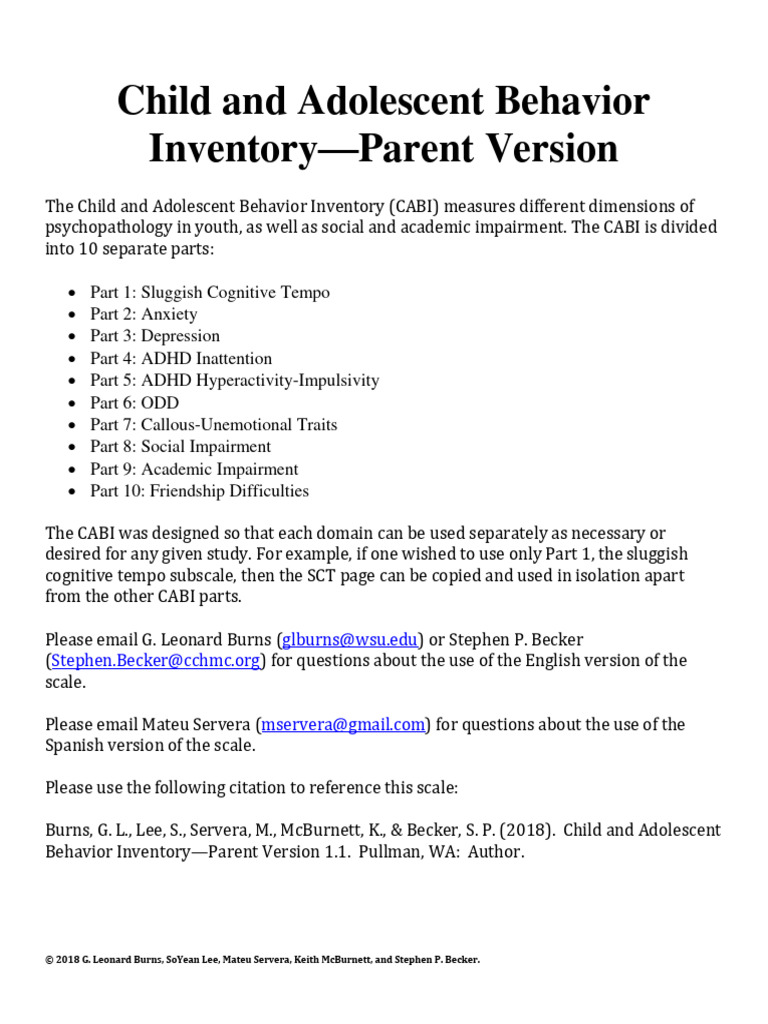 CABI+Parent+1 1+2018+-+Complete+Measure | PDF | Sibling | Anxiety