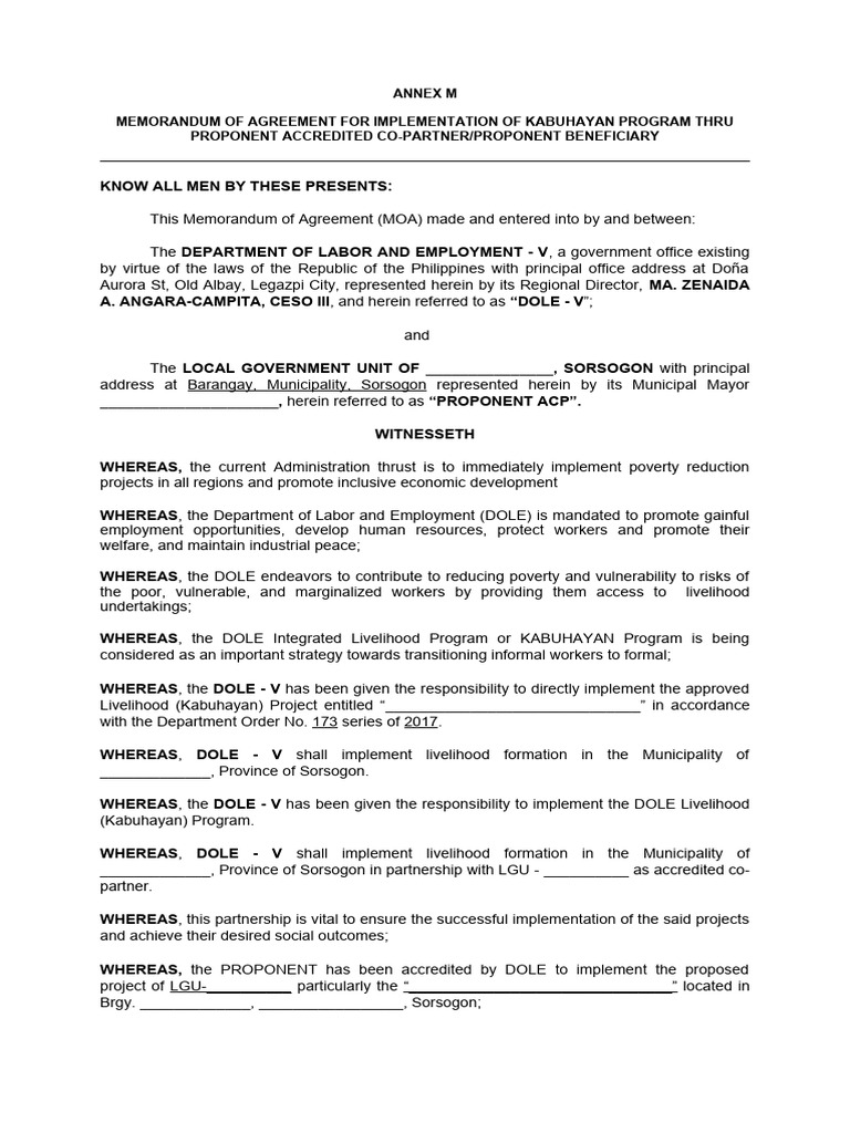 Kabuhayan Program MOA: DOLE & LGU Partnership | PDF | Audit ...