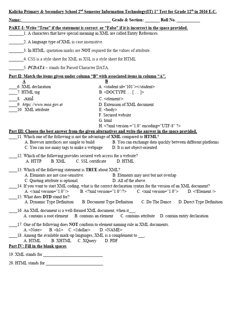 Grade 12 IT Test: XML & HTML Basics | PDF | Html | Xml
