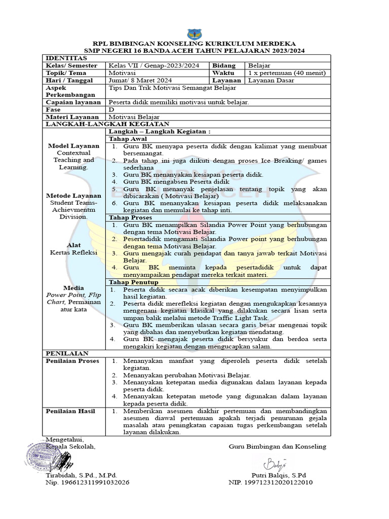 RPL Bimbingan Konseling Kurikulum Merdeka | PDF
