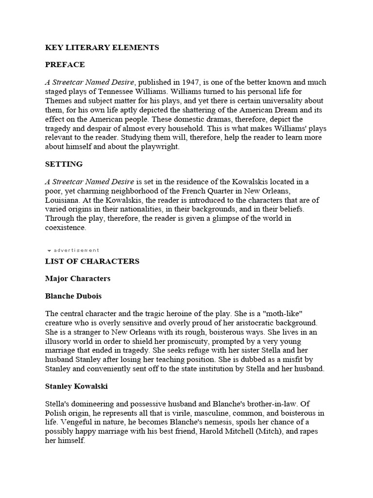 A Streetcar Named Desire - Key Literary Elements | PDF