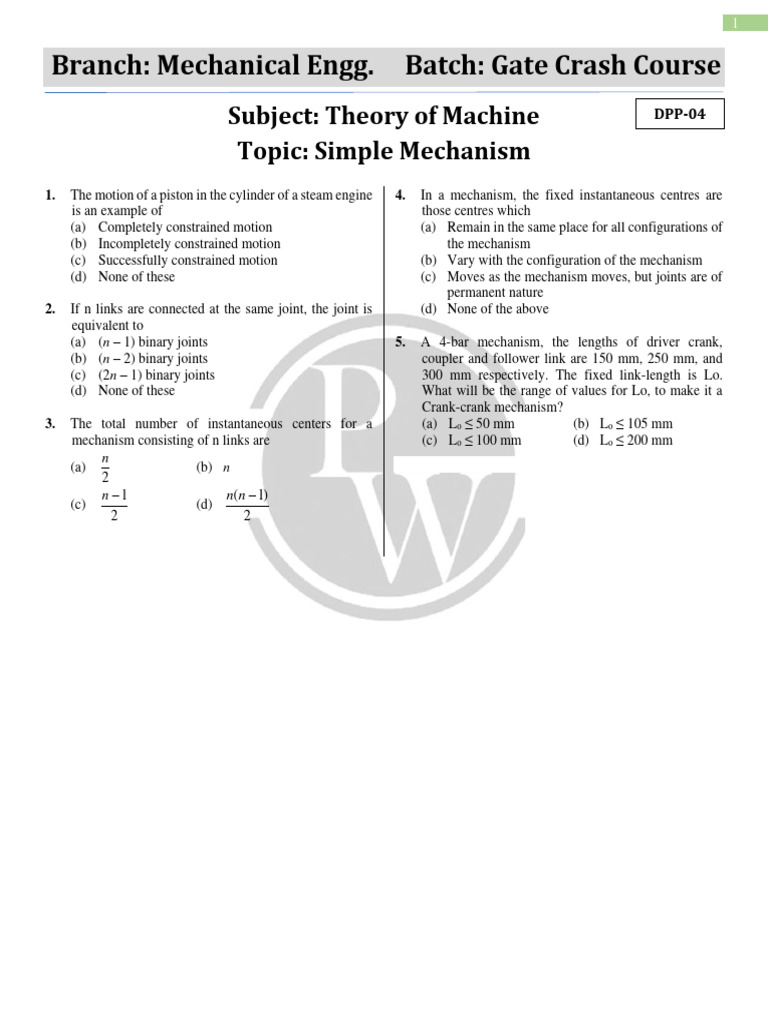 Simple Mechanism - DPP-04 - GATE Crash Course 2023 Mechanical | Download Free PDF | Piston | Engines