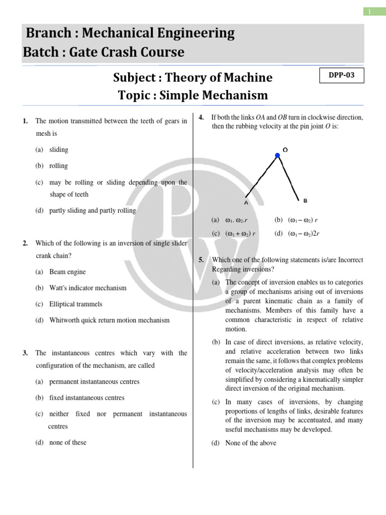 Simple Mechanism - DPP-03 - GATE Crash Course 2023 Mechanical | PDF ...