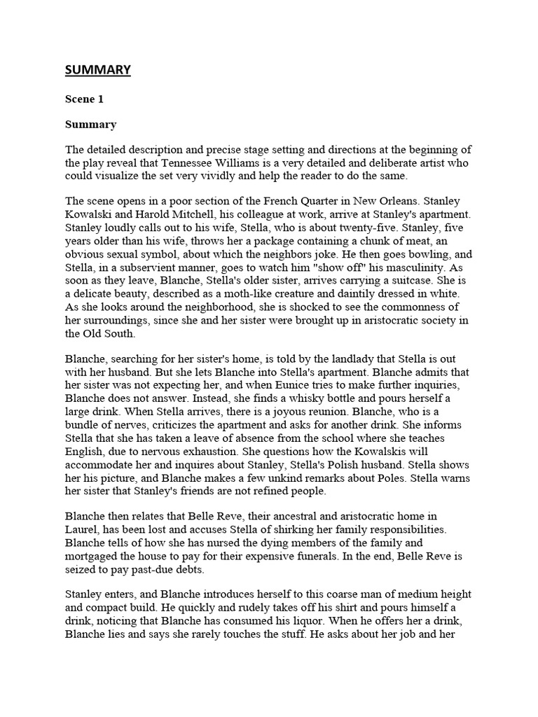 "Streetcar Named Desire: Scene 1 & 2 Summary" | PDF | Mystery, Thriller ...