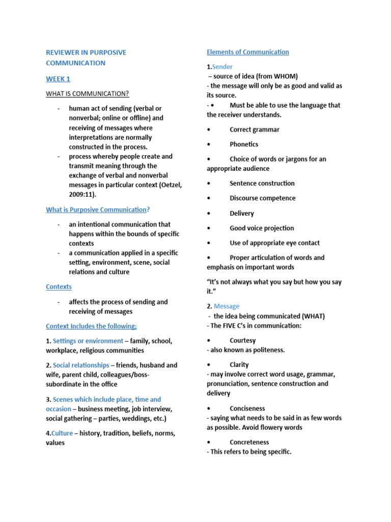 Reviewer in Purposive Communication Week 1 2 | PDF | Communication | Nonverbal Communication