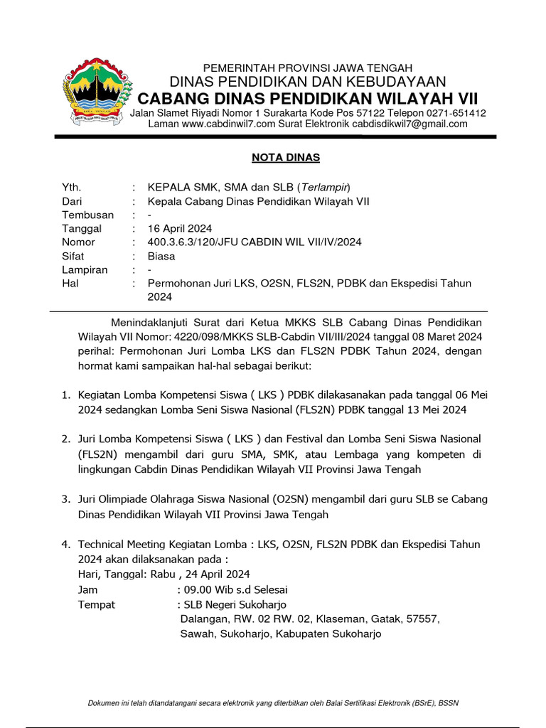 Nota Dinas Permohonan Juri Lomba LKSN, FLS2N Dan O2SN PDBK Tahun 2024 | PDF