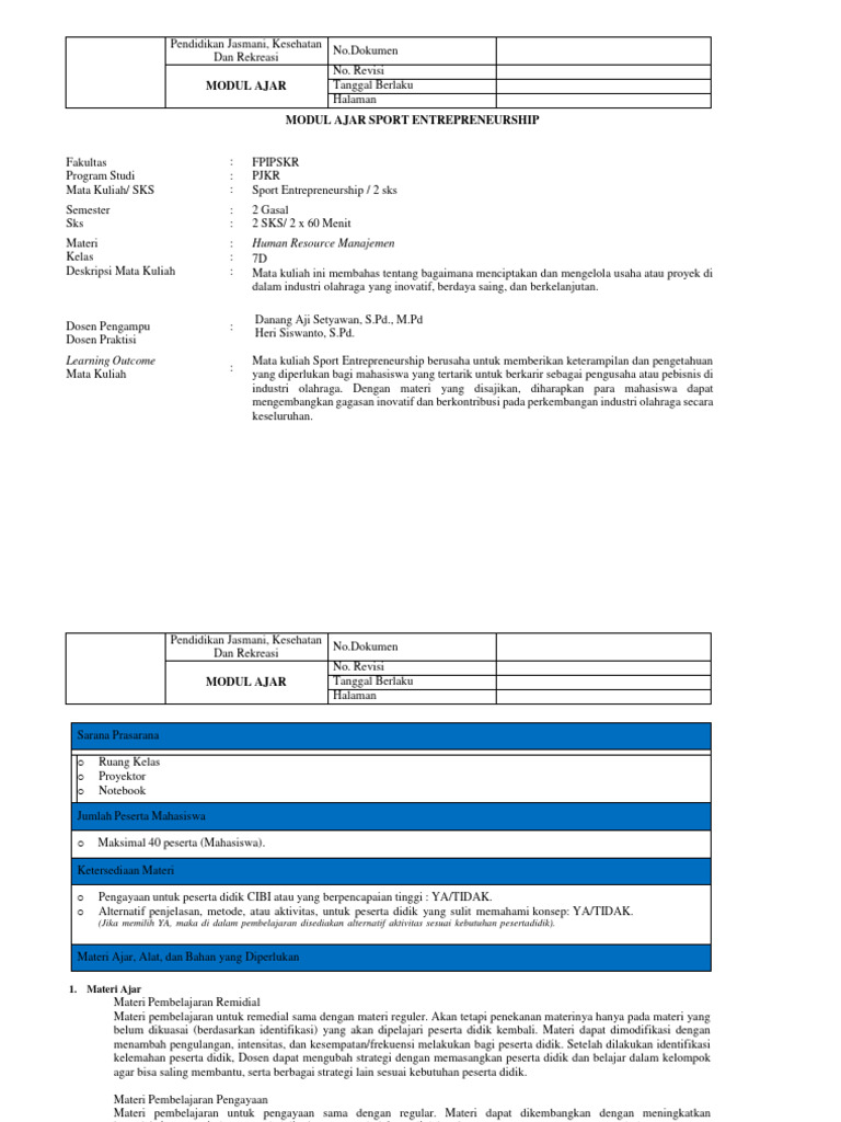 MODUL AJAR - Human Resource Manajemen - SPORT ENTREPRENEURSHIP | PDF
