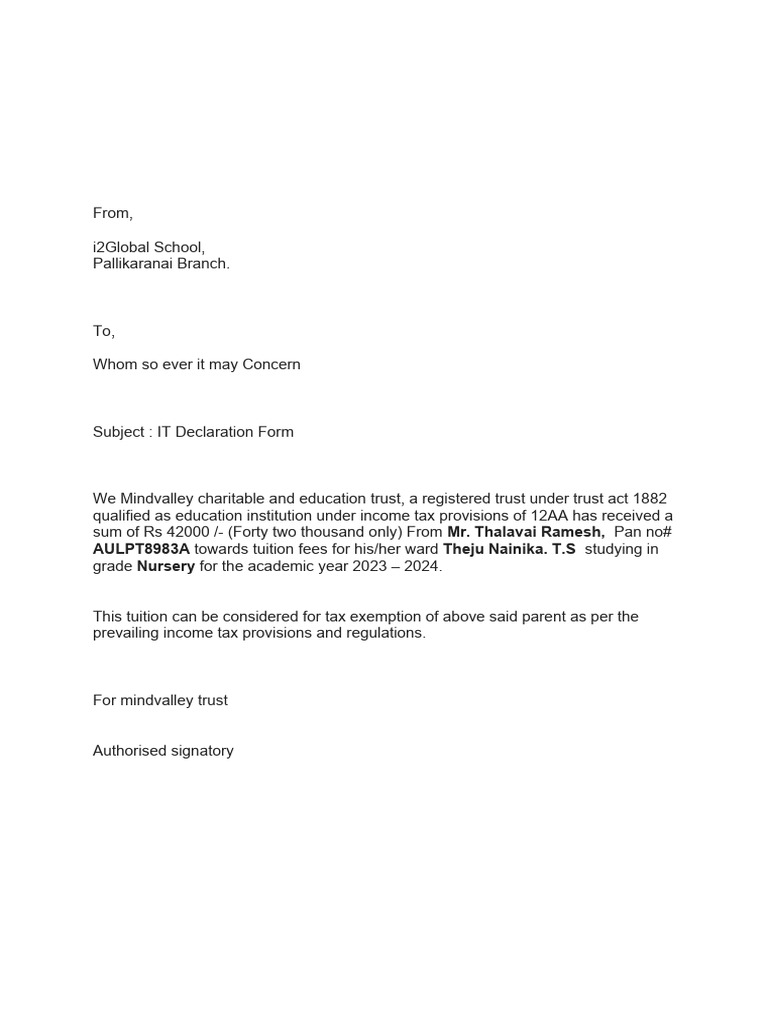 IT Declaration for Tuition Fee Exemption | PDF | Business