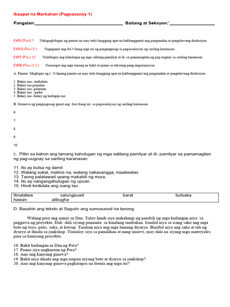 Pagsasanay Sa Filipino 4 - 4TH Grading | PDF