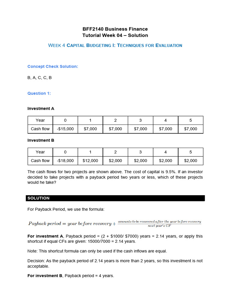 Week 4 Tutorial Worksheet Solution - For Student | PDF | Net Present ...