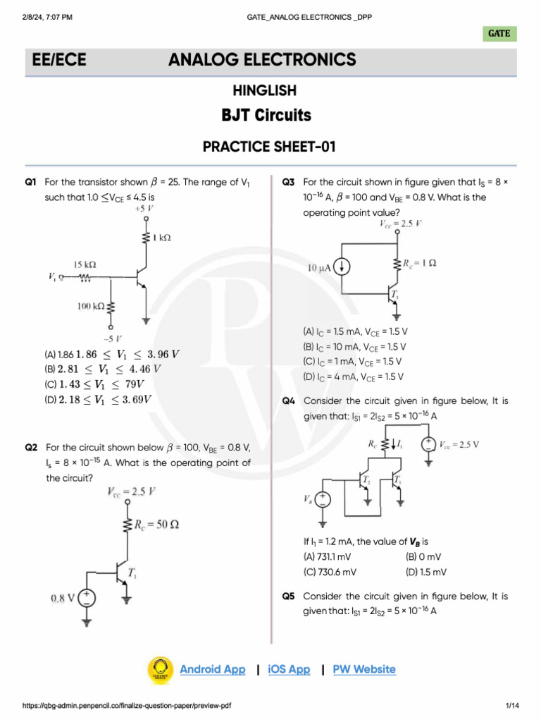 BJT Circuits _ Practice Sheet-01 | PDF | Electricity | Electrical Equipment