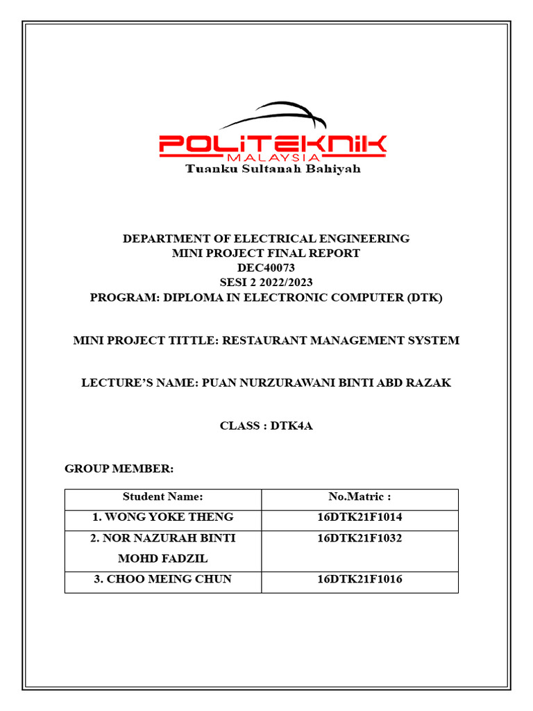 Final Report Database Management (Wong & Nazurah & Choo) | PDF | Databases | Hamburgers