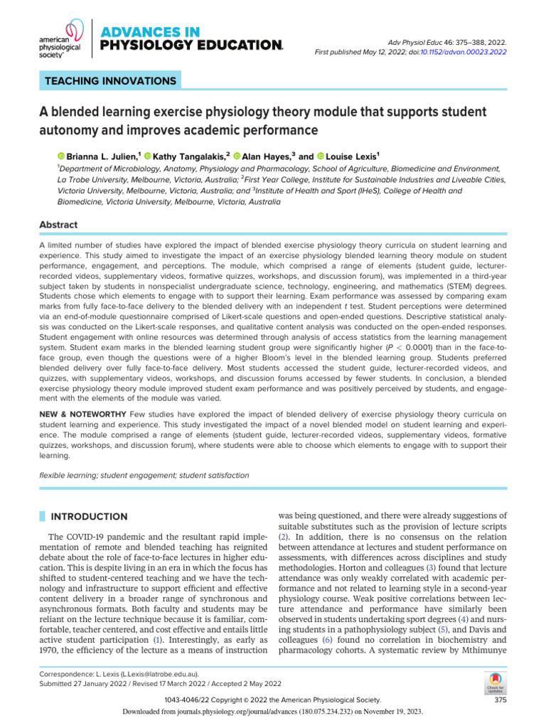 A Blended Learning Exercise Physiology Theory Module That Supports Studentautonomy and Improves ...