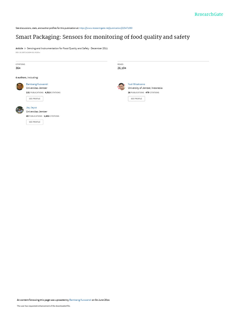 Smart Packaging: Sensors For Monitoring of Food Quality and Safety ...