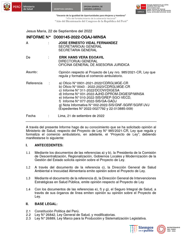 Minsa - Informe 145 - PL 985 | PDF | Seguro | Perú