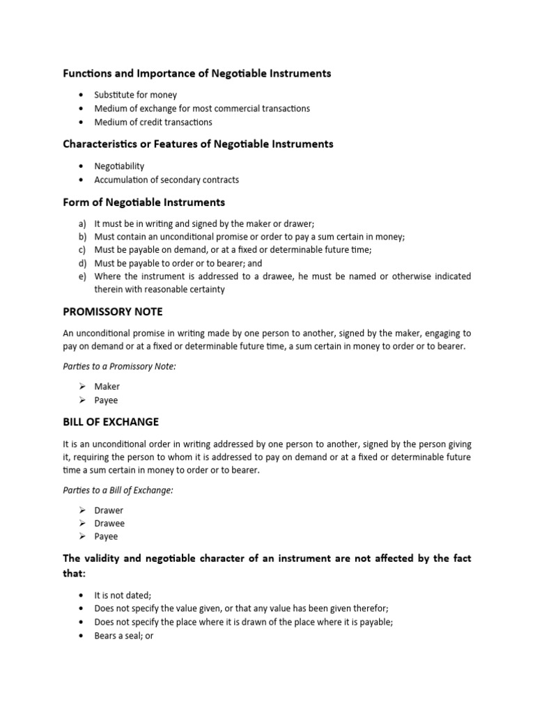 Functions and Importance of Negotiable Instruments | PDF | Negotiable ...