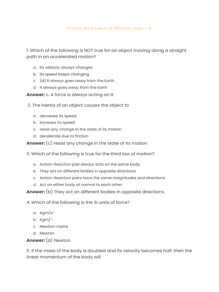 Class 9 Motion and Forces Quiz | PDF | Force | Newton's Laws Of Motion