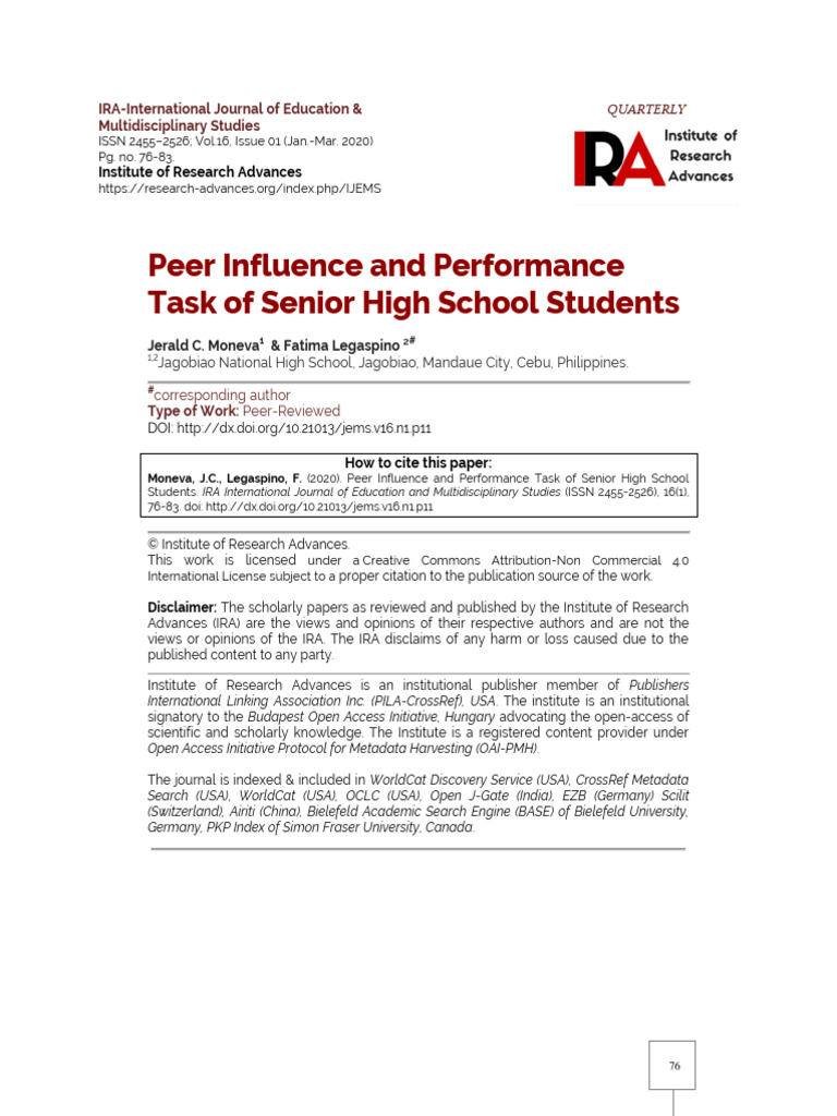 Peer Influence and Performance Task of S | PDF | Adolescence | Learning