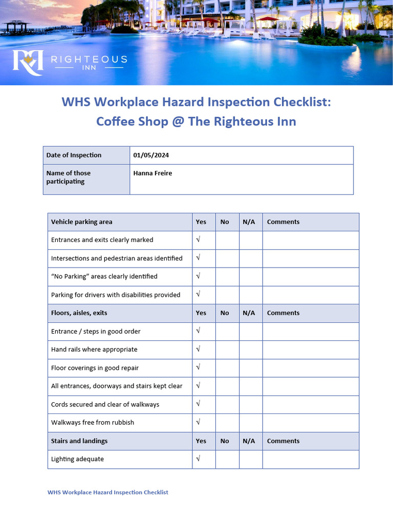 SITXWHS005 The Righteous Inn Workplace Hazard Inspection Checklist 1 ...