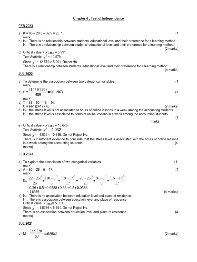 Tutorial Chapter 4 Test For Independence - Solution | PDF | Psychology ...