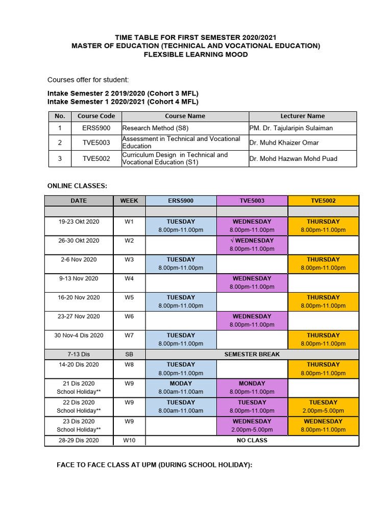 Jadual Sem 1 20202021 Kohot 3 & 4 | Download Free PDF | Educational Institutions | Schools